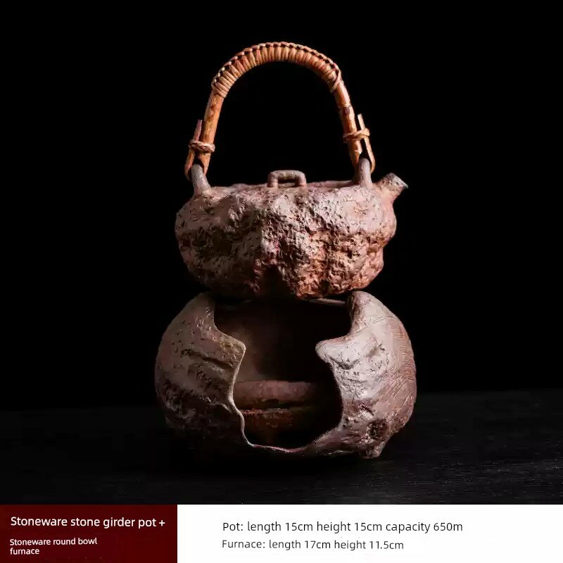 Глиняный чайник с каменным рисунком и круглой жаровней