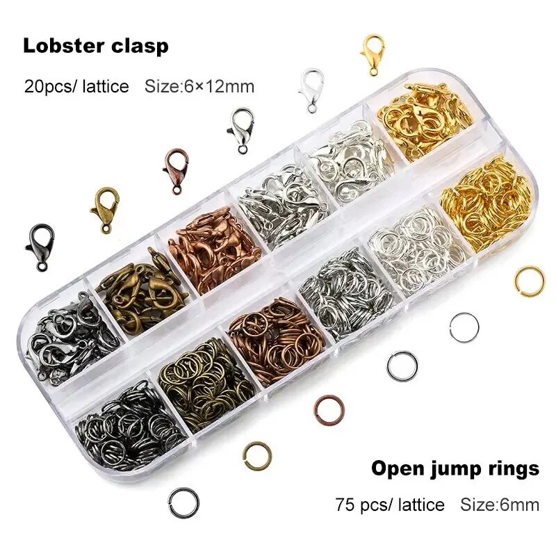 Застежки-карабины 6x12 мм, серебряные, 20 шт. + Open jump rings 6 мм, 75 шт.