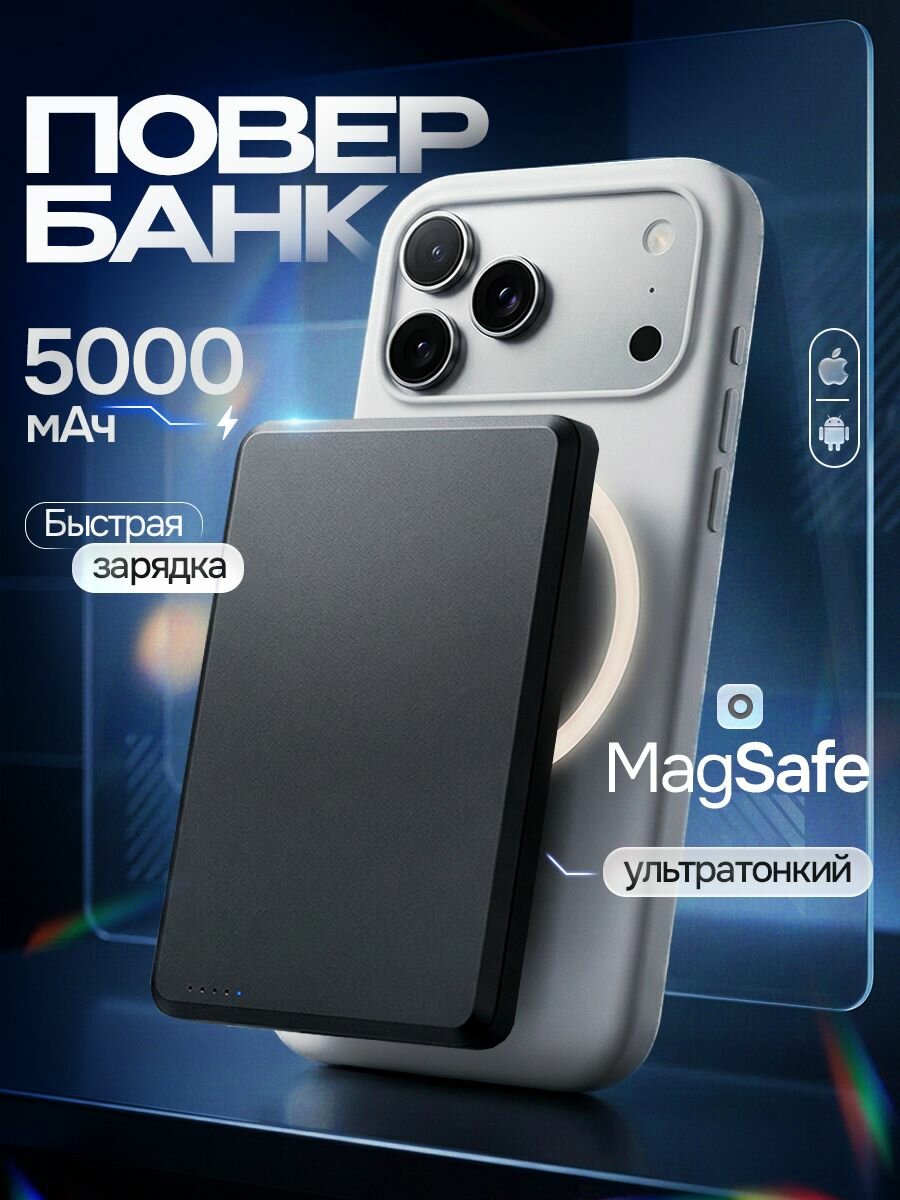 Повербанк (powerbank) magsafe для айфона и телефона Android 5000mAh, с быстрой беспроводной зарядкой маленький, повер банк мини