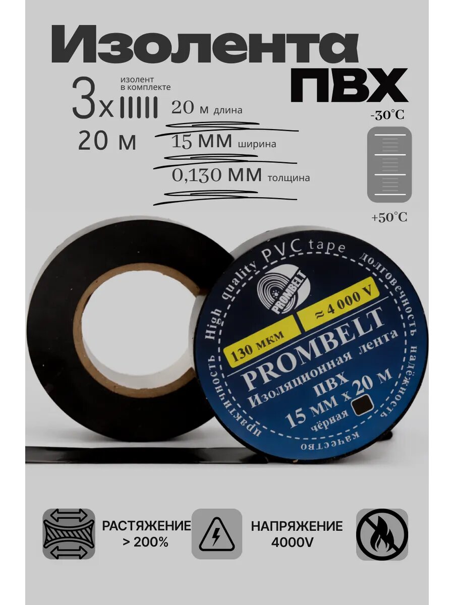 Изолента ПВХ черная 20м/15мм, 3 шт