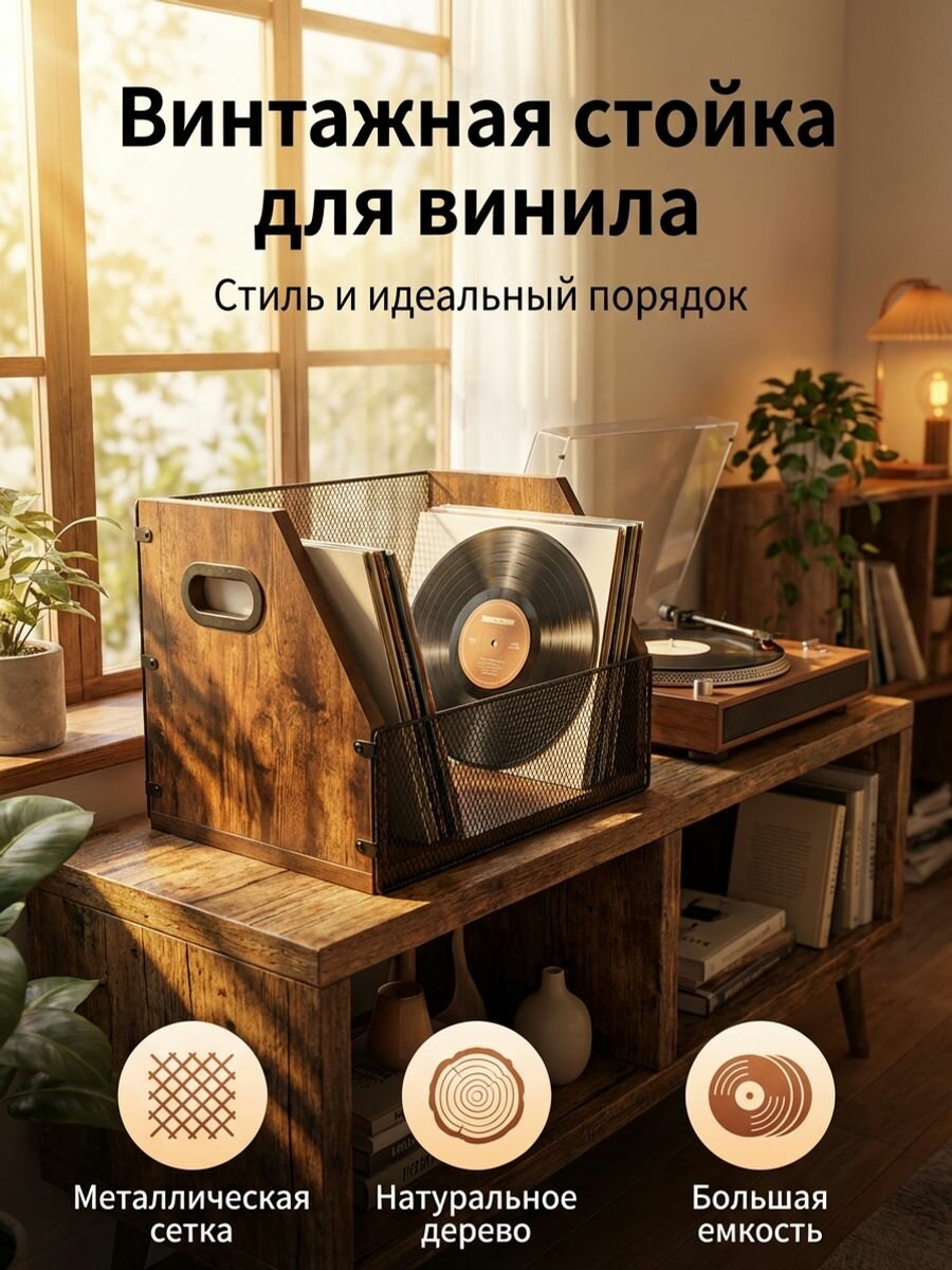 Вместительный стеллаж для винила: открытая полка в ретро-стиле для хранения пластинок и конвертов увеличенн