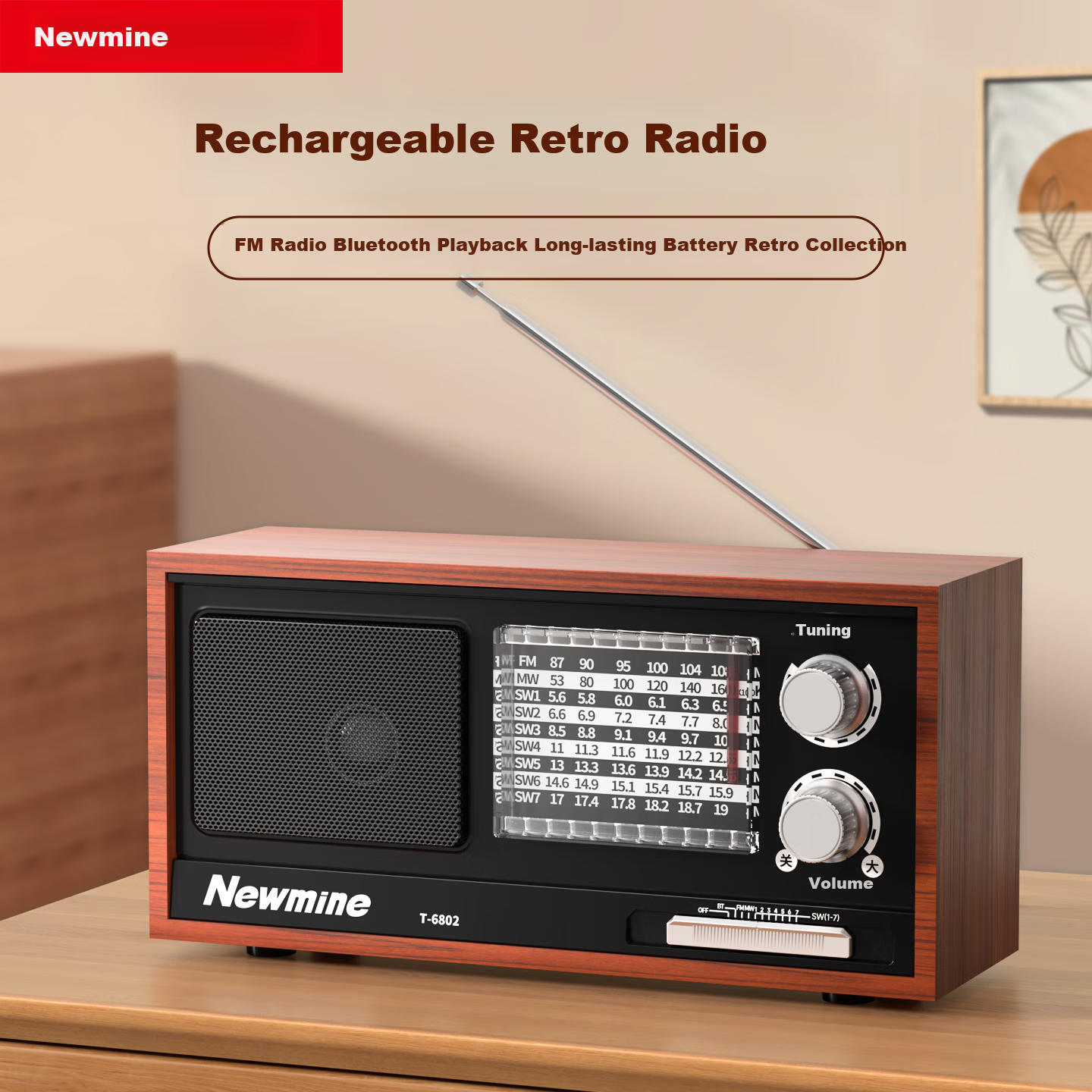 Newmine T-6802 Ретро-радио с полным диапазоном, Bluetooth и высококачественным окружающим звуком Цвет：Полный диапазон |