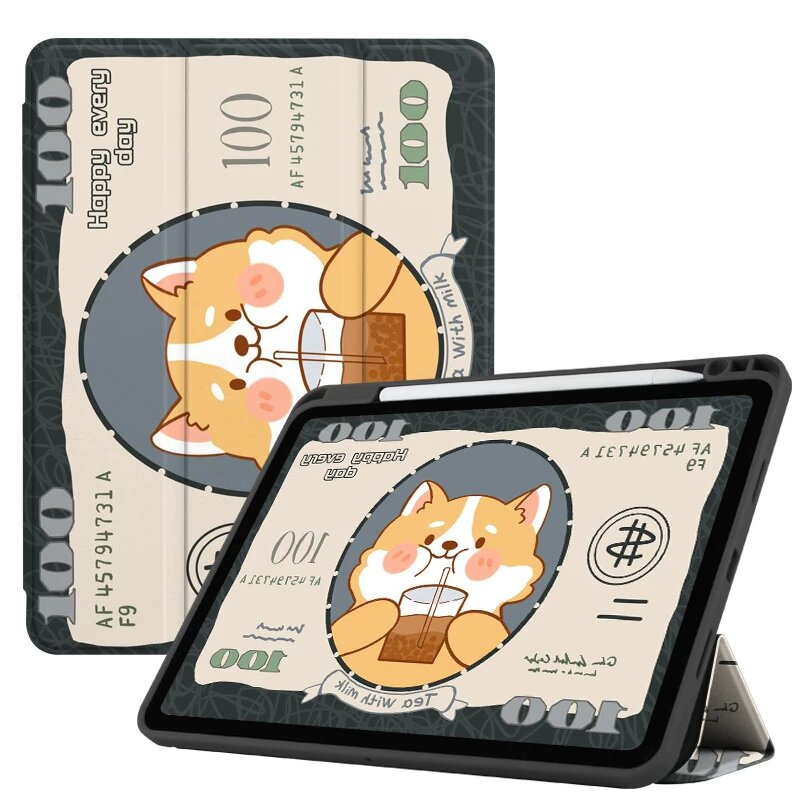 Трехсекционный чехол для iPad 2019/2020 10.2 дюймов с отсеком для ручки узор Доллар жирный пес полное покрытие