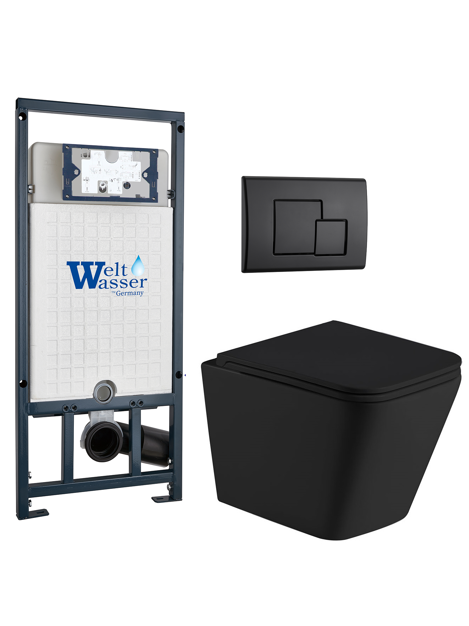 Комплект 3 в 1 Унитаз подвесной WeltWasser GELBACH 043 MT-BL безободковый+Инсталляция MARBERG 507 с кнопкой MAR 507 SE MT-BL черная матовая