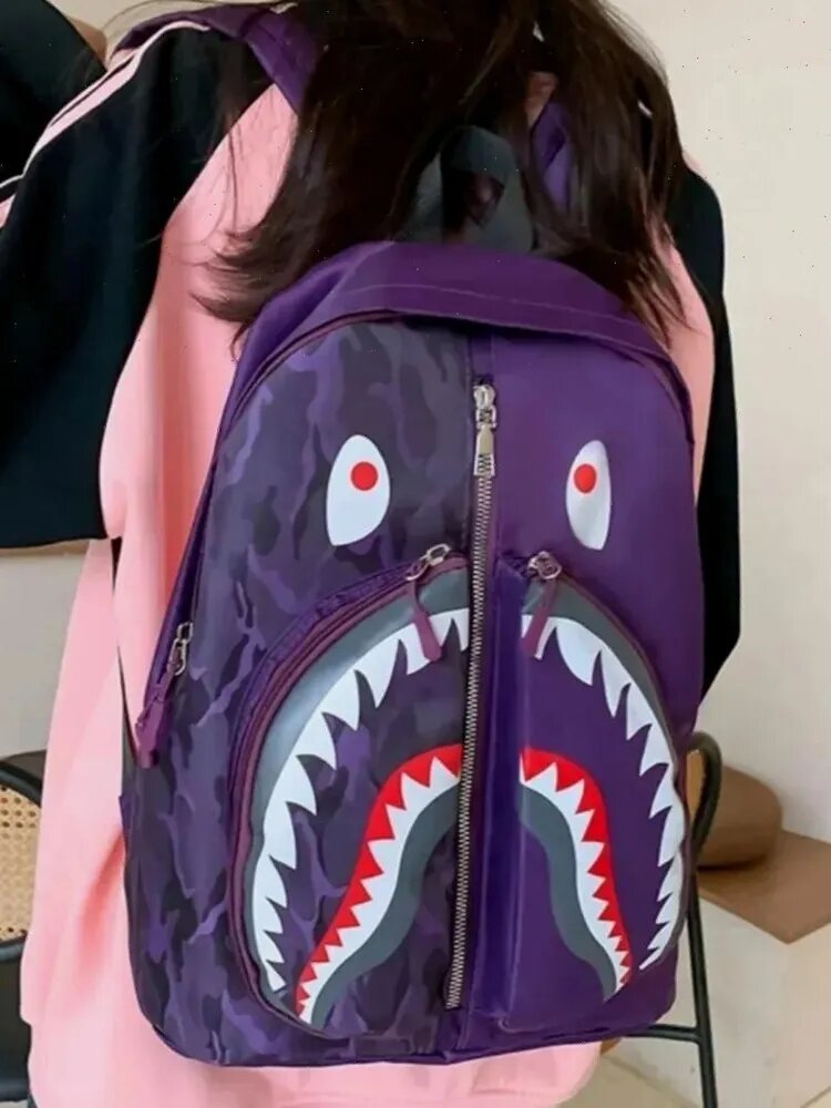 Рюкзак Bape Ape Shark - вместительный фиолетовый рюкзак из нейлона для мужчин и женщин с внутренним карманом — фото 1