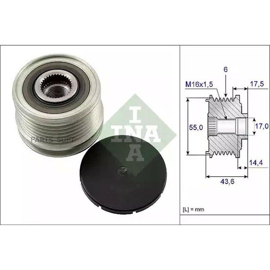 Обгонная муфта генератора RENAULT LOGAN, DUSTER, MEGANE I, CLIO II1.4-1.6L/1.5DCi INA 535010510