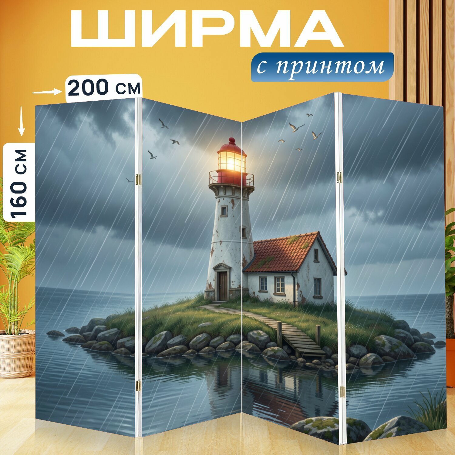 Ширма "Маяк в штормовую ночь. Одинокая морская башня с тёплым светом на вершине стоит на каменистом островке." перегородка для зонирования комнаты с принтом 200x160 см. на холсте