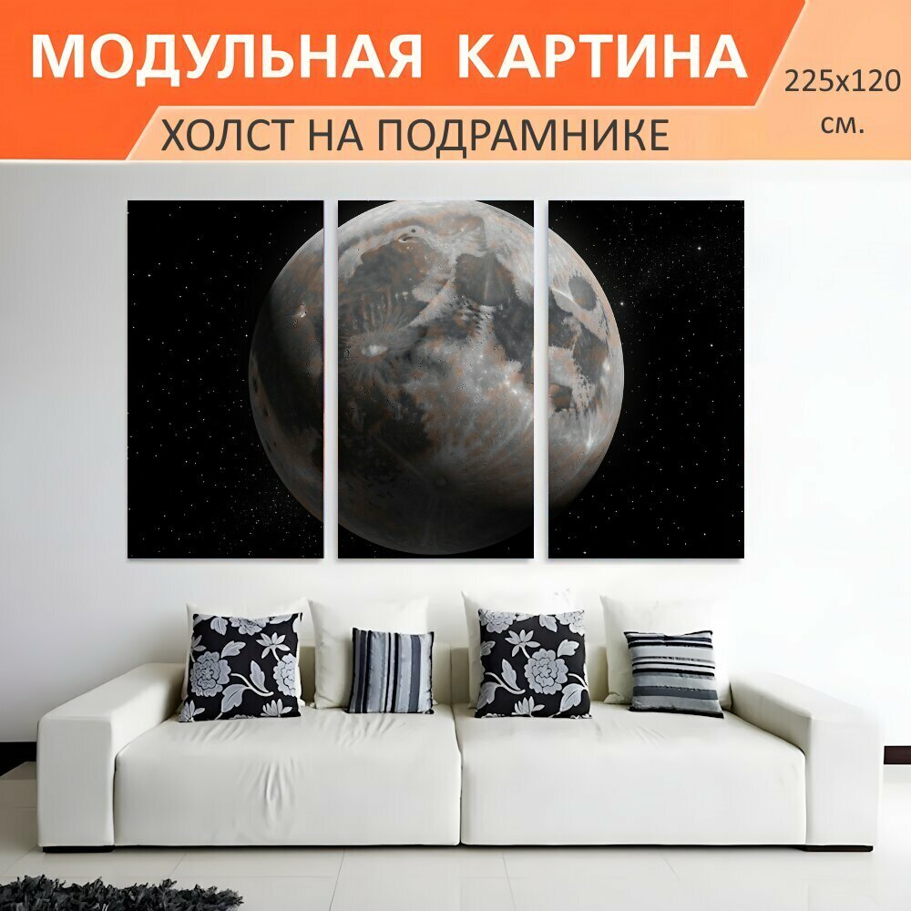 Модульная картина на холсте "Планета в звездном космосе. Одинокий небесный шар с серо-коричневыми кратерами и фактурной поверхностью." триптих на подрамнике 225х120 см. для интерьера