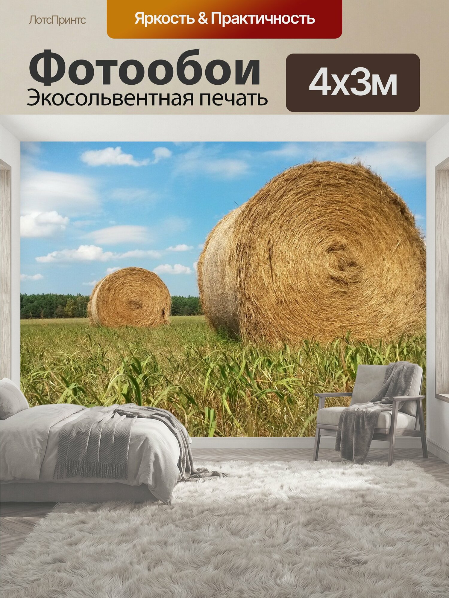 Фотообои "Сено, поле, природа" 400x300 см. экосольвентная печать