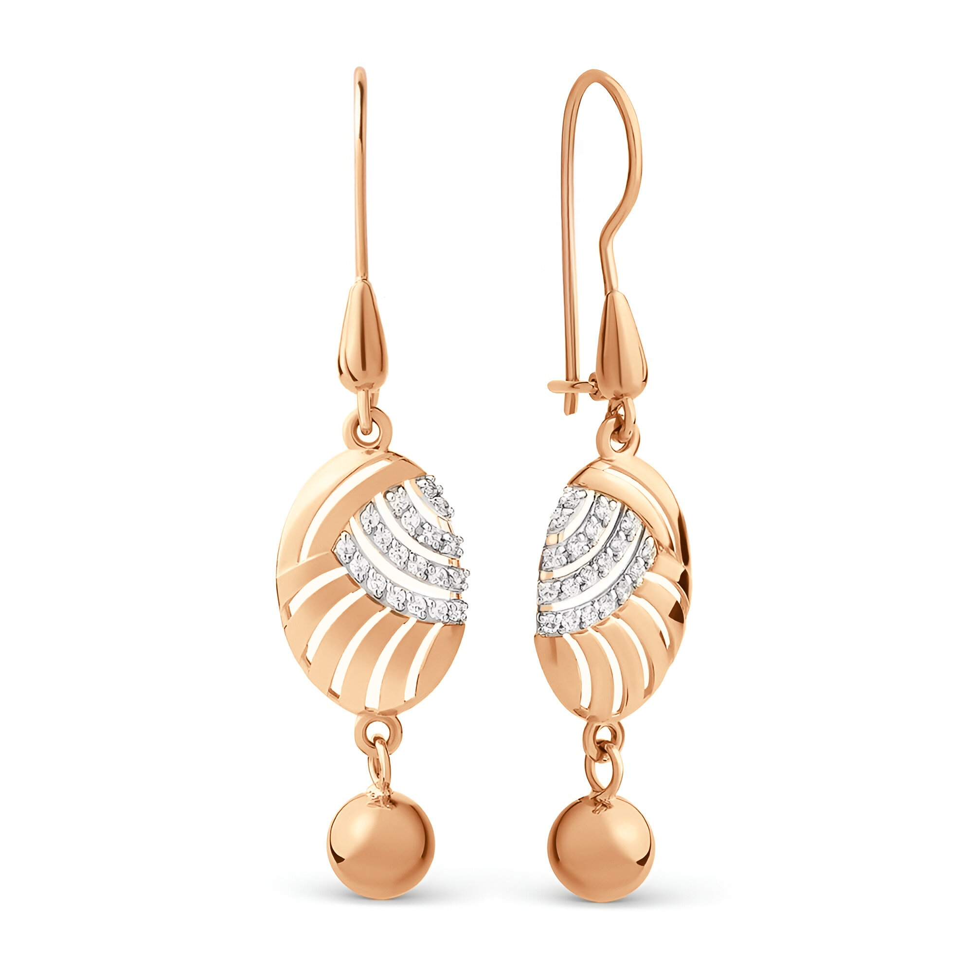 Серьги с подвесками, красное золото, 585 проба, фианит