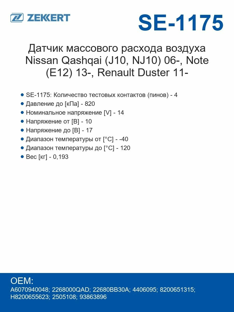 Zekkert Датчик массового расхода воздуха Nissan Qashqai (J10, NJ10) 06-, Note (E12) 13-, Renault Duster 11-