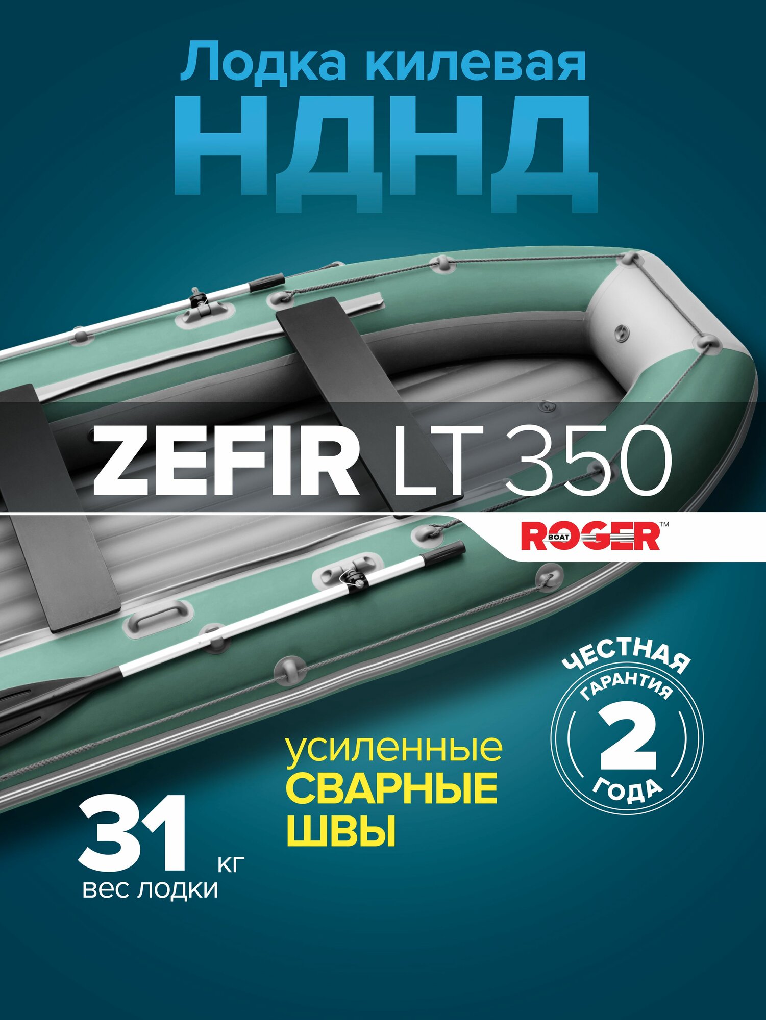 Лодка ПВХ под мотор ROGER Zefir 350 LT, лодка надувная для рыбалки НДНД киль (зеленый-серый)