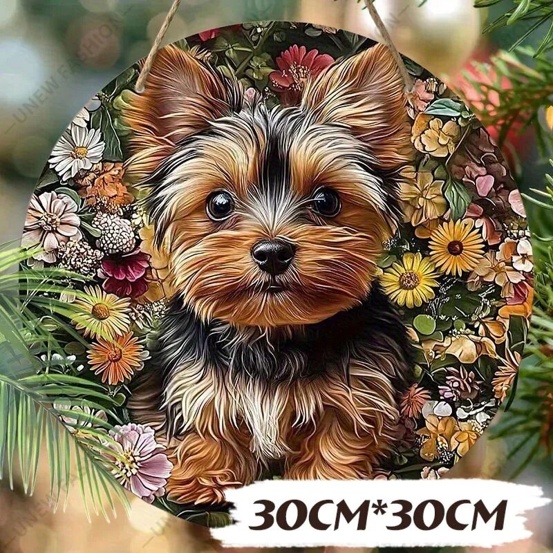 30cm*30cm, Декоративная подвесная табличка "Йоркширский терьер с цветами", 2D деревянный декор