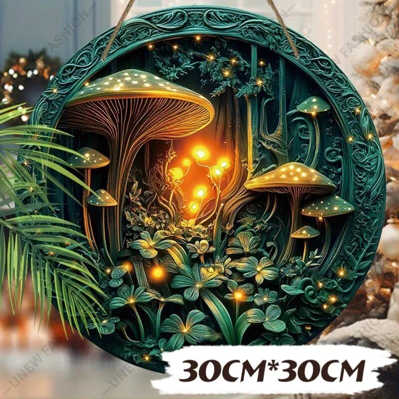 30cm*30cm, Декоративная подвесная табличка "Сказочный лес с грибами", 2D деревянный декор