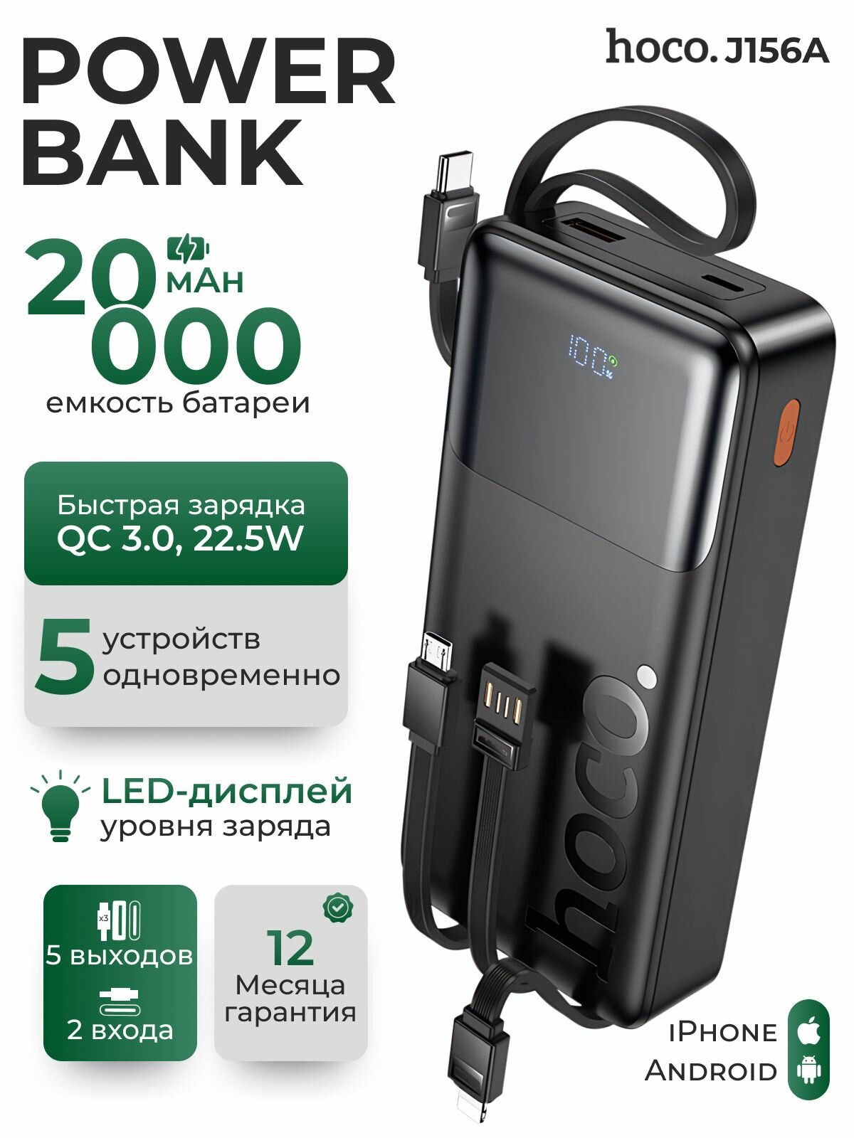 Повербанк Hocj J156A для телефона 20000 mAh, с проводами USB