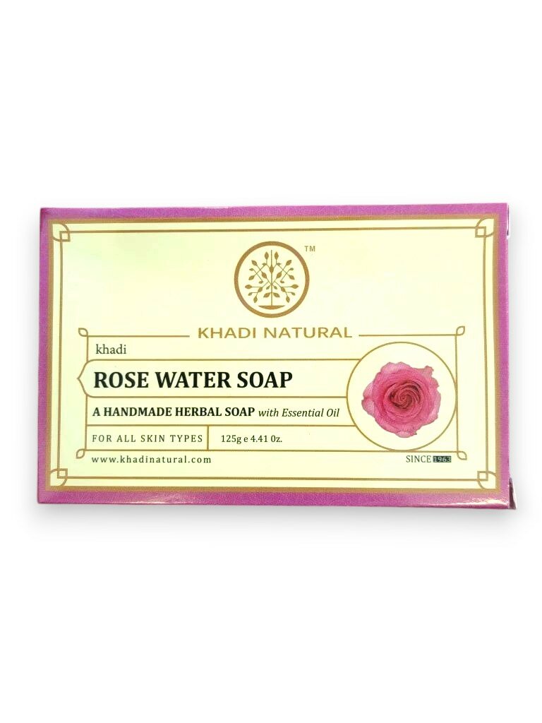 ROSE WATER Handmade Herbal Soap With Essential Oils, Khadi Natural (розовая вода Мыло ручной работы с эфирными маслами, Кхади), в коробочке 125 г.