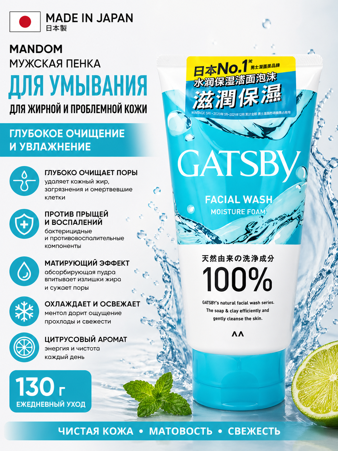Пенка для умывания лица мужская Gatsby увлажняющая с гиалуроновой кислотой 130 г