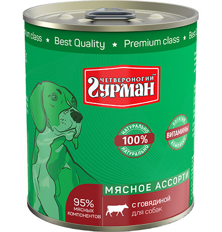 Четвероногий Гурман Мясное ассорти / Консервы для собак с Говядиной (цена за упаковку) фас. 340г x 12шт