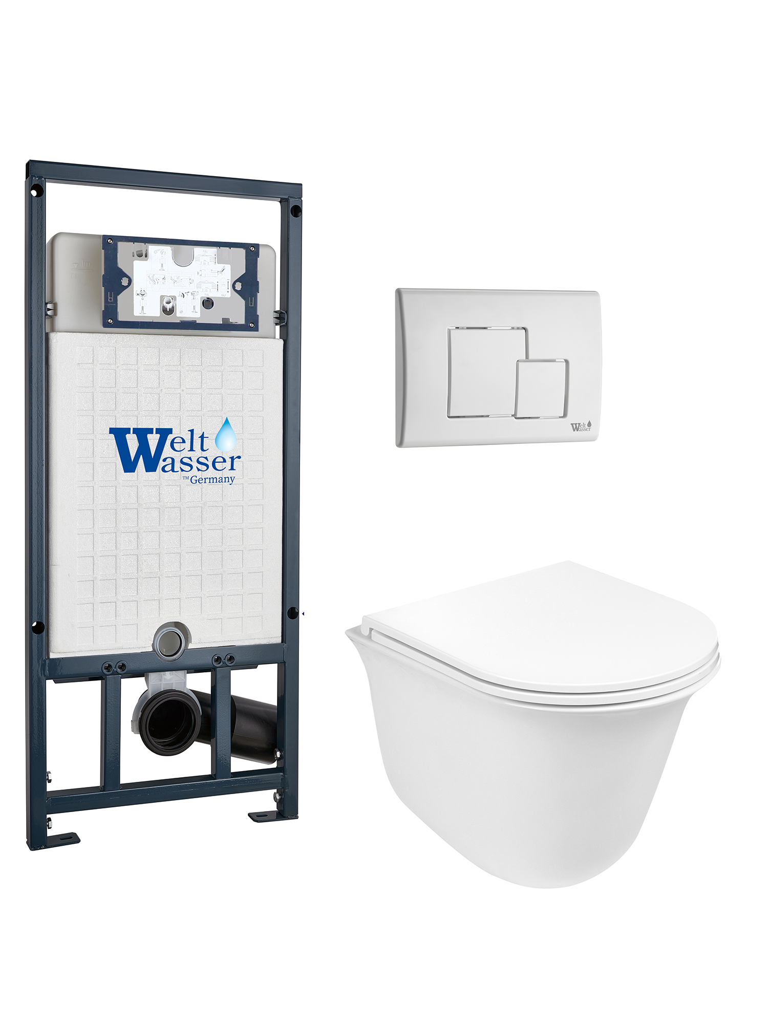 Комплект 3 в 1 Унитаз подвесной WeltWasser TELBACH 004 GL-WT безободковый+Инсталляция MARBERG 507 с кнопкой MAR 507 SE GL-WT белая глянцевая