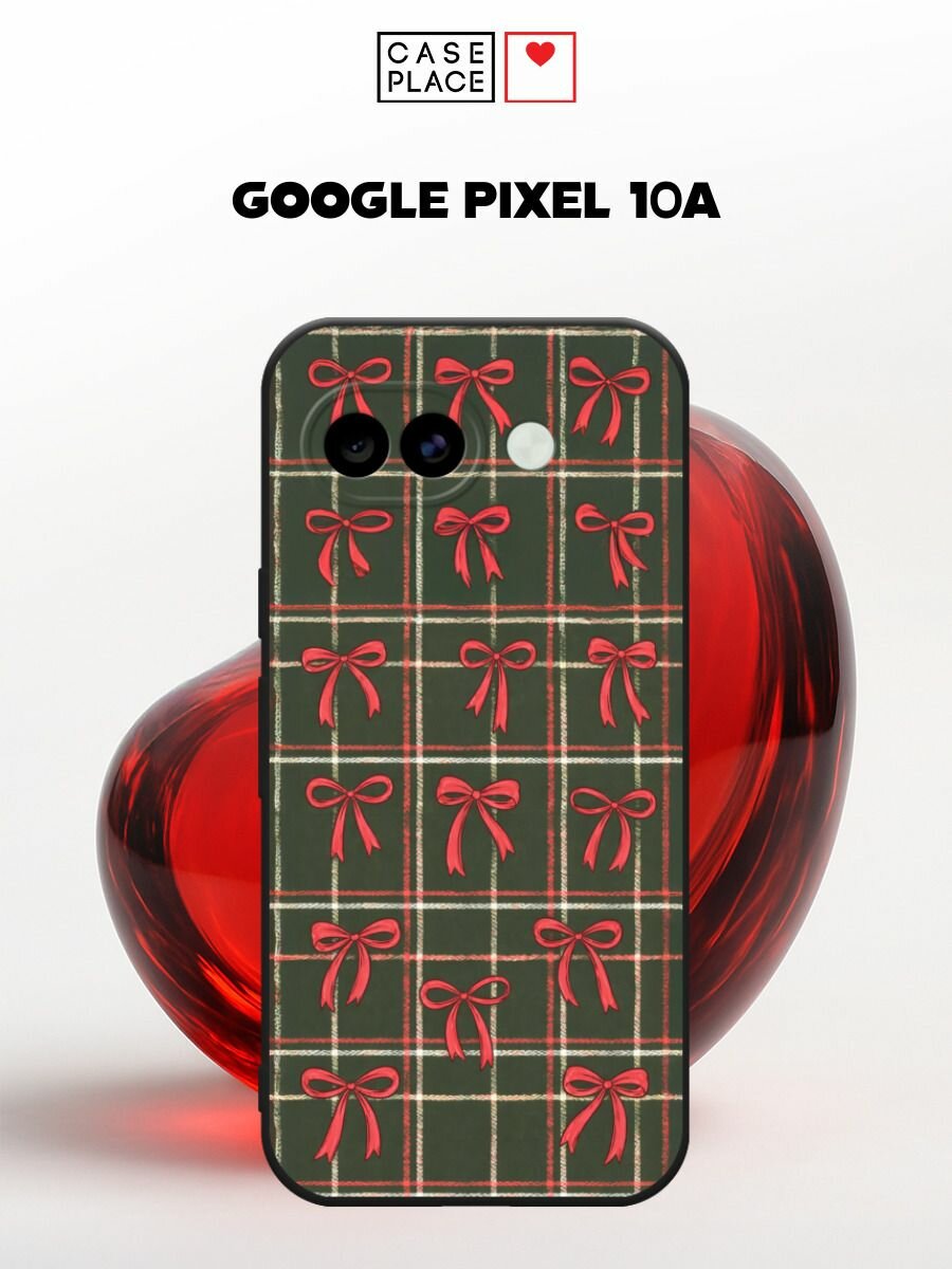 Черный матовый чехол на Google Pixel 10A / Гугл Пиксель 10А с принтом Красные бантики и клетка