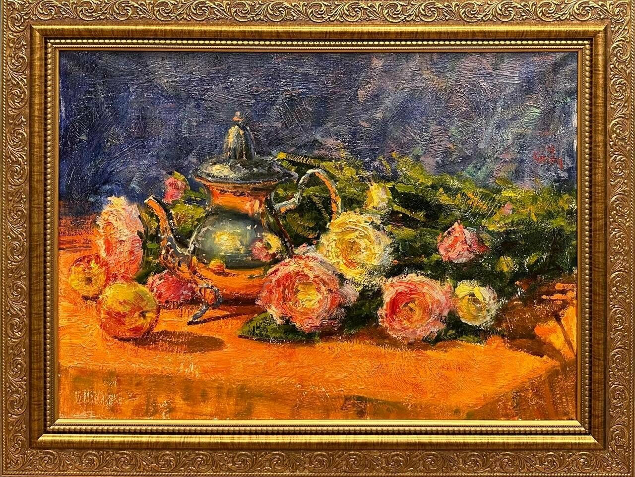 Картина маслом, натюрморт "Натюрморт с серебряным чайником". Холст/Масло 2024. Размер 50х70. Автор Борис Коган.