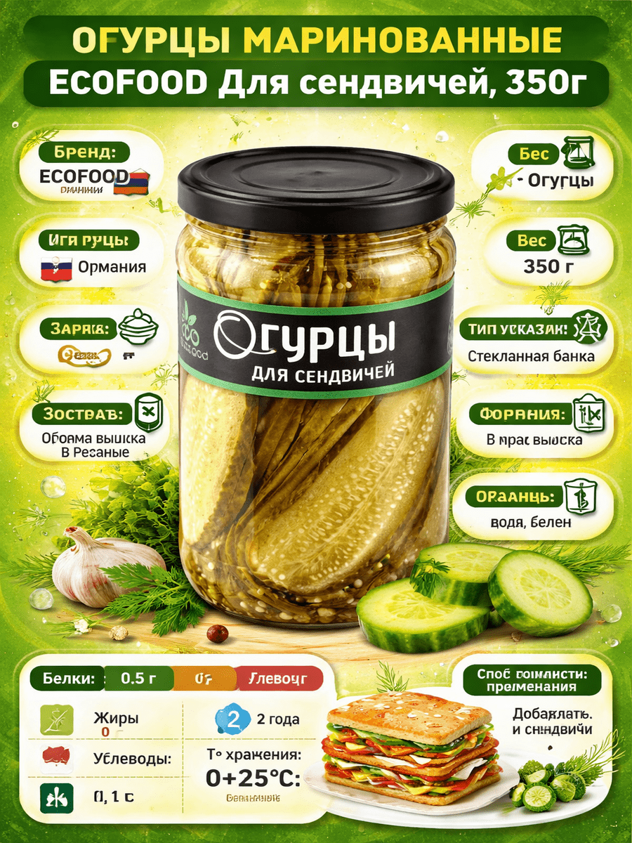 Огурцы маринованные EcoFood Для сэндвичей, 350г