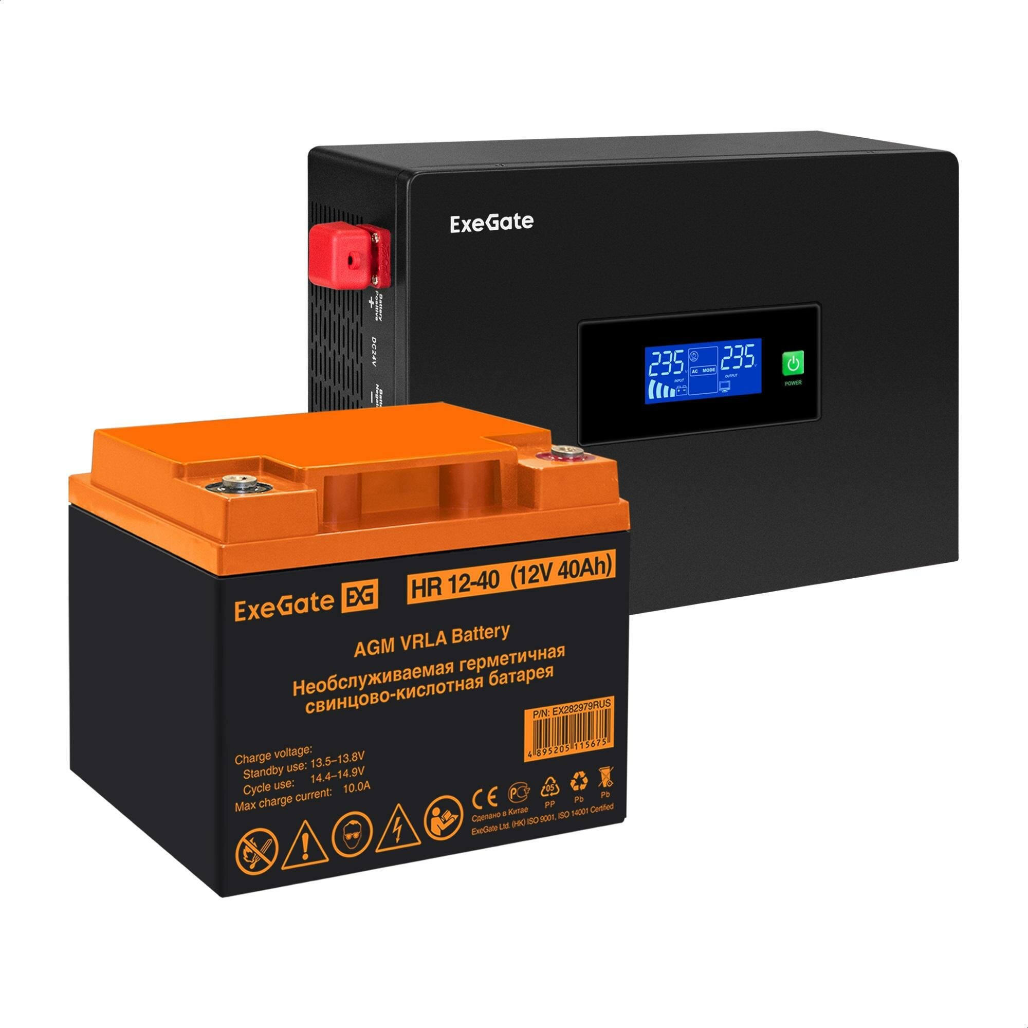 Комплект ИБП EX295993RUS + батарея 40Aч EX282979RUS 1шт (инвертор, синус, для котла, PF=1, настенный) ExeGate IdealSine SR-1000. LCD.2SH  <1000VA/10