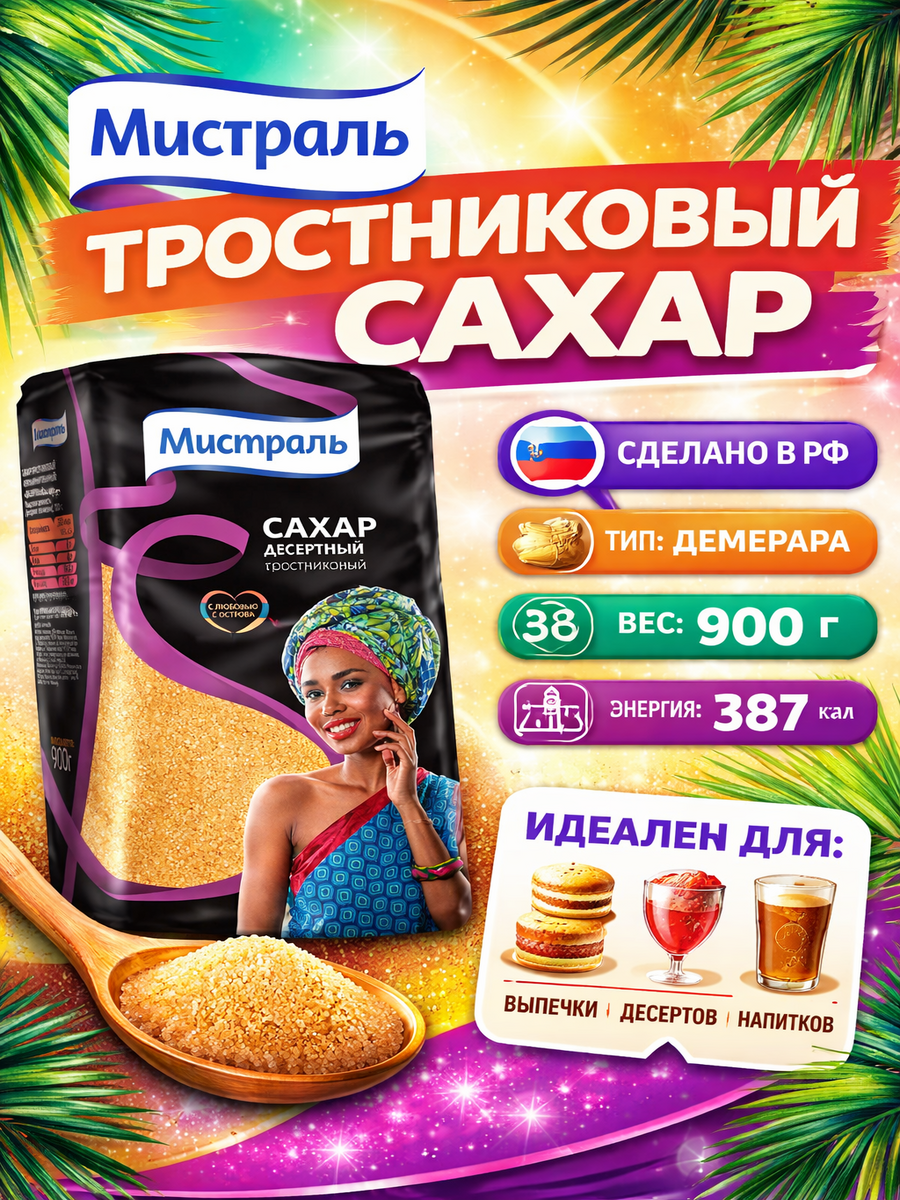 Сахар Мистраль тростниковый десертный нерафинированный, 900г