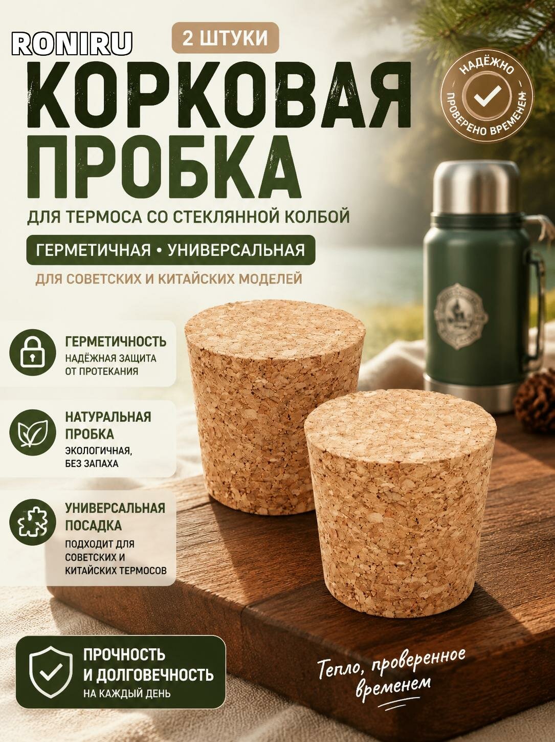 Корковая пробка для термоса со стеклянной колбой — герметичная, универсальная для советских и китайских моделей