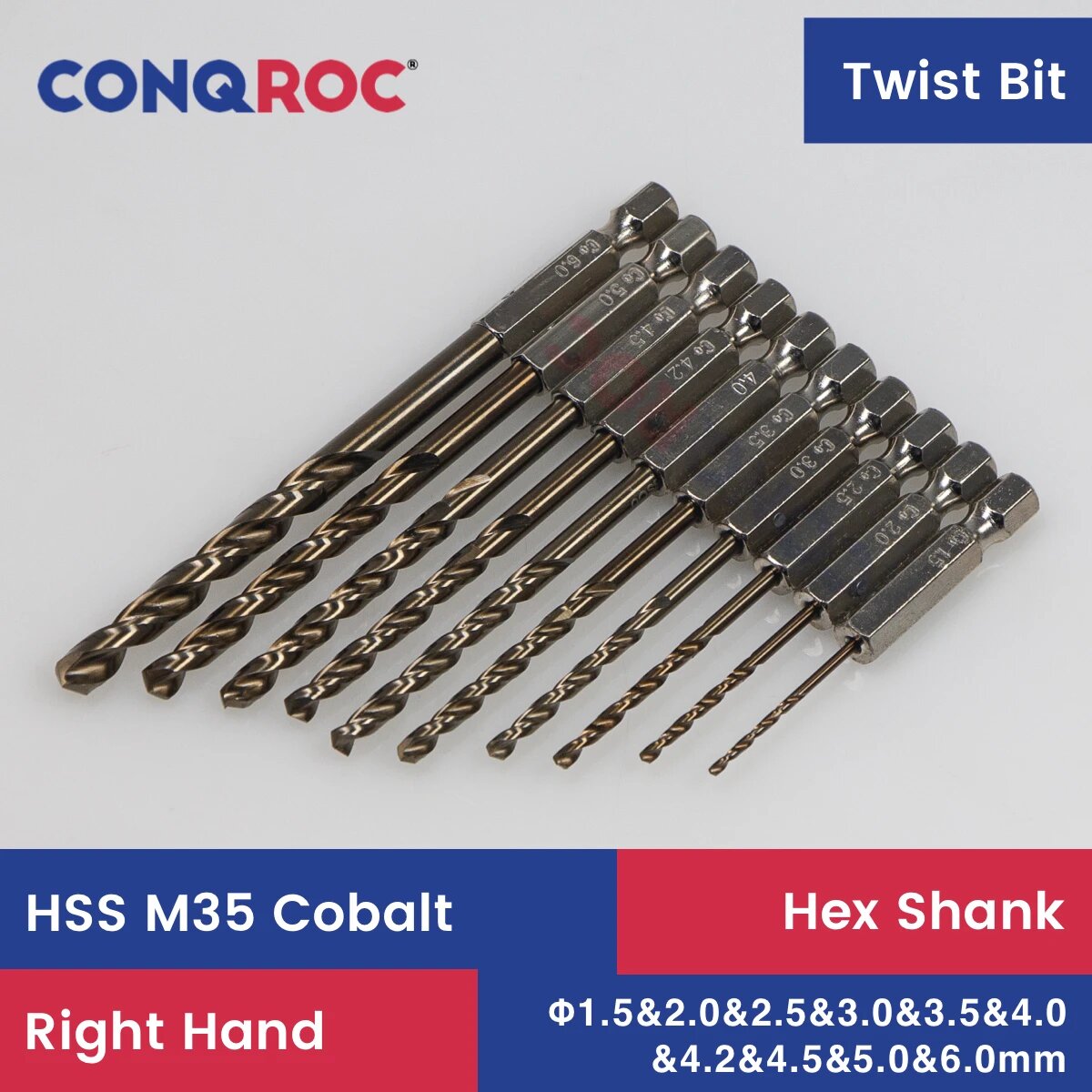Сверла HSS M35 Cobalt CONQROC 10 шт, 1.5-6.0 мм