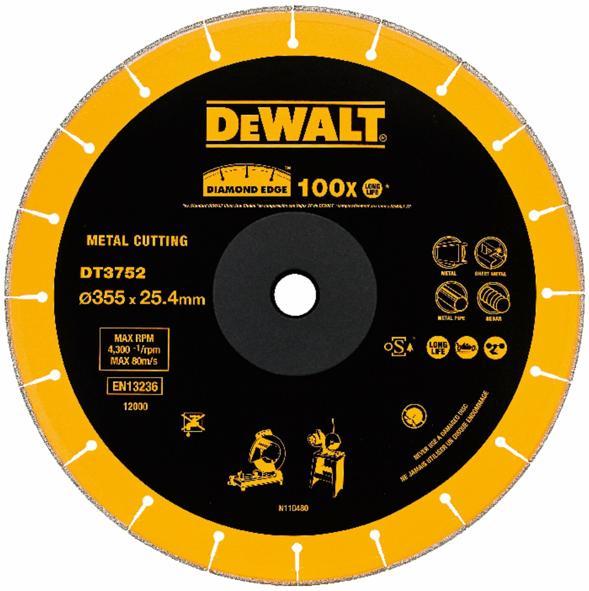 Диск алмазный сегментный (355х25.4х3.5 мм) для сухого реза по металлу DeWalt DT 3752