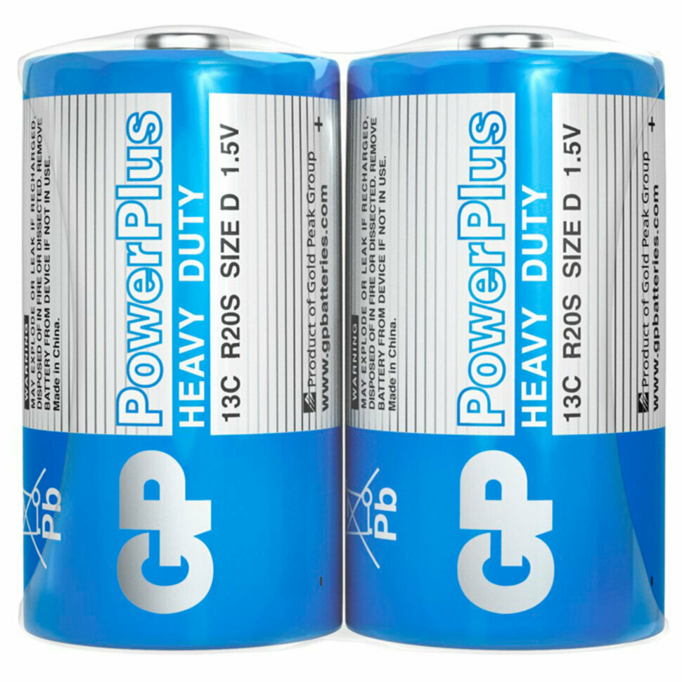 Батарейки комплект 2 шт, GP PowerPlus D (13C), солевые, в пленке, 13CEBRA-2S2, 457759