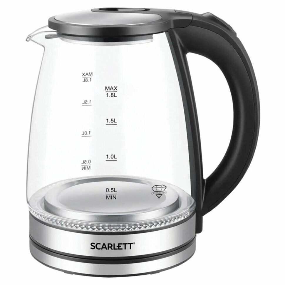 Чайник SCARLETT SC-EK27G103, 1,8 л, 1800 Вт, закрытый нагревательный элемент, стекло, черный, 458304