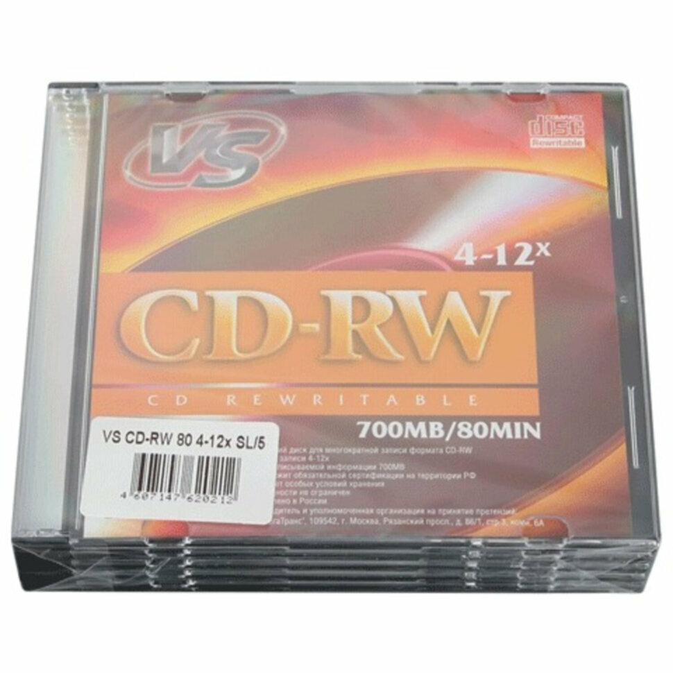 Диск CD-RW VS 700 Mb, 4-12x, Slim Case, комплект 5 шт, VSCDRWSL501, 511545