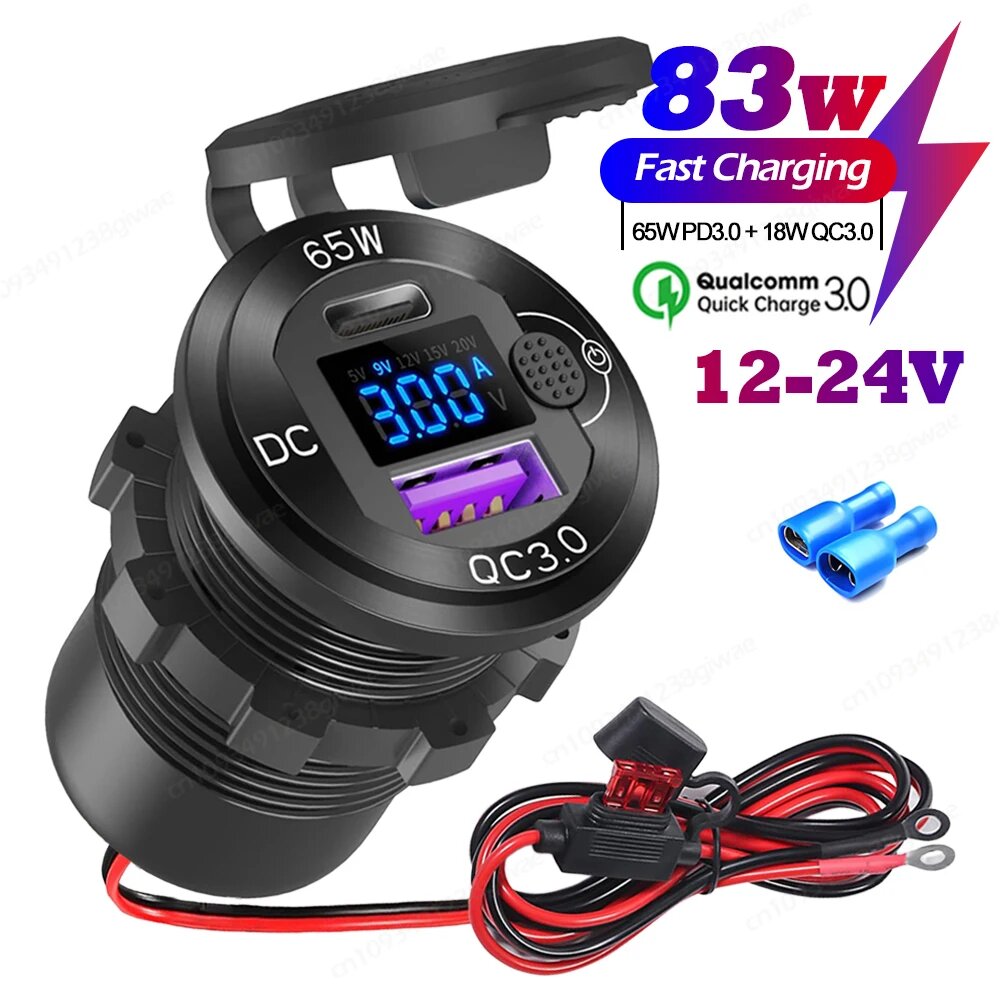 USB розетка 65W QC3.0, 12V, Green-terminals-83W