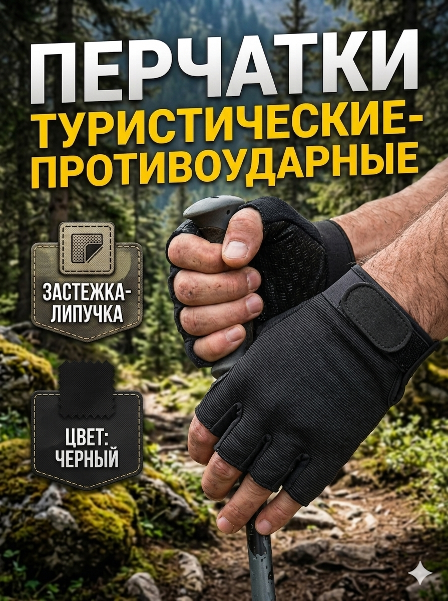 Перчатки туристические черные без пальцев, противоударные, с липучкой, для активного отдыха