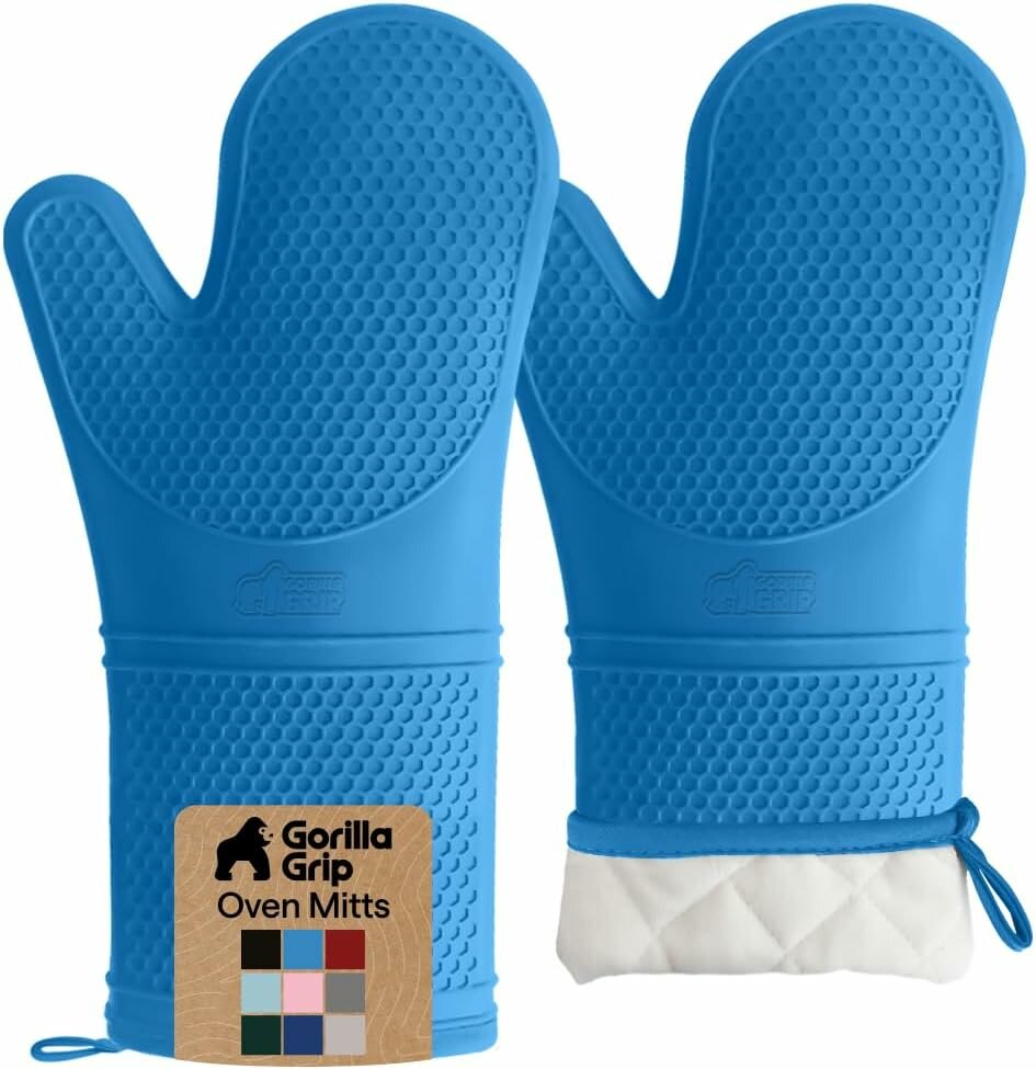 Кухонные прихватки GORILLA GRIP из мягкого силикона без BPA, термостойкие и водонепроницаемые защитные перчатки для готовки, с толстой хлопковой подкладкой, гибким захватом, набор кухонных прихваток для гриля и барбекю, 12.5x8.3, черные.