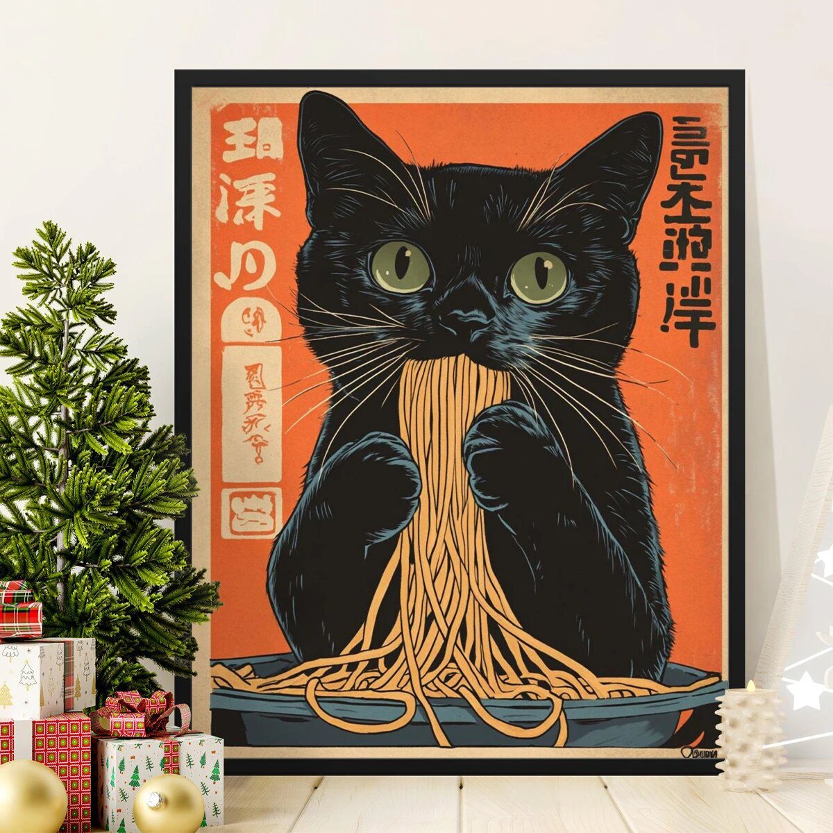 Японская картина "Кот ест рамен", 30x40см, цвет D