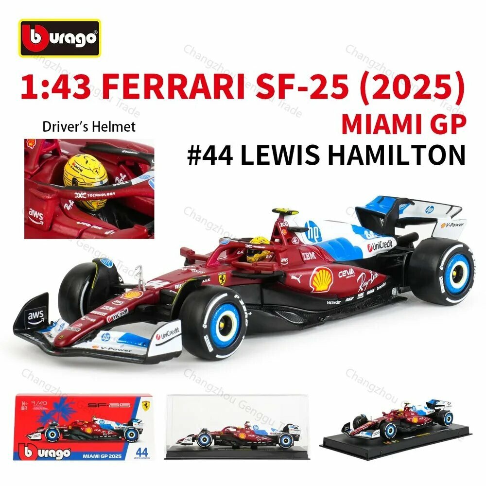 Акриловая прозрачная коробка Bburago 1:43 Гран-при Майами 2025 Ferrari SF-25 Формульный болид Формулы-1, Литые под давлением автомобили, коллекционная модель гоночных игрушек