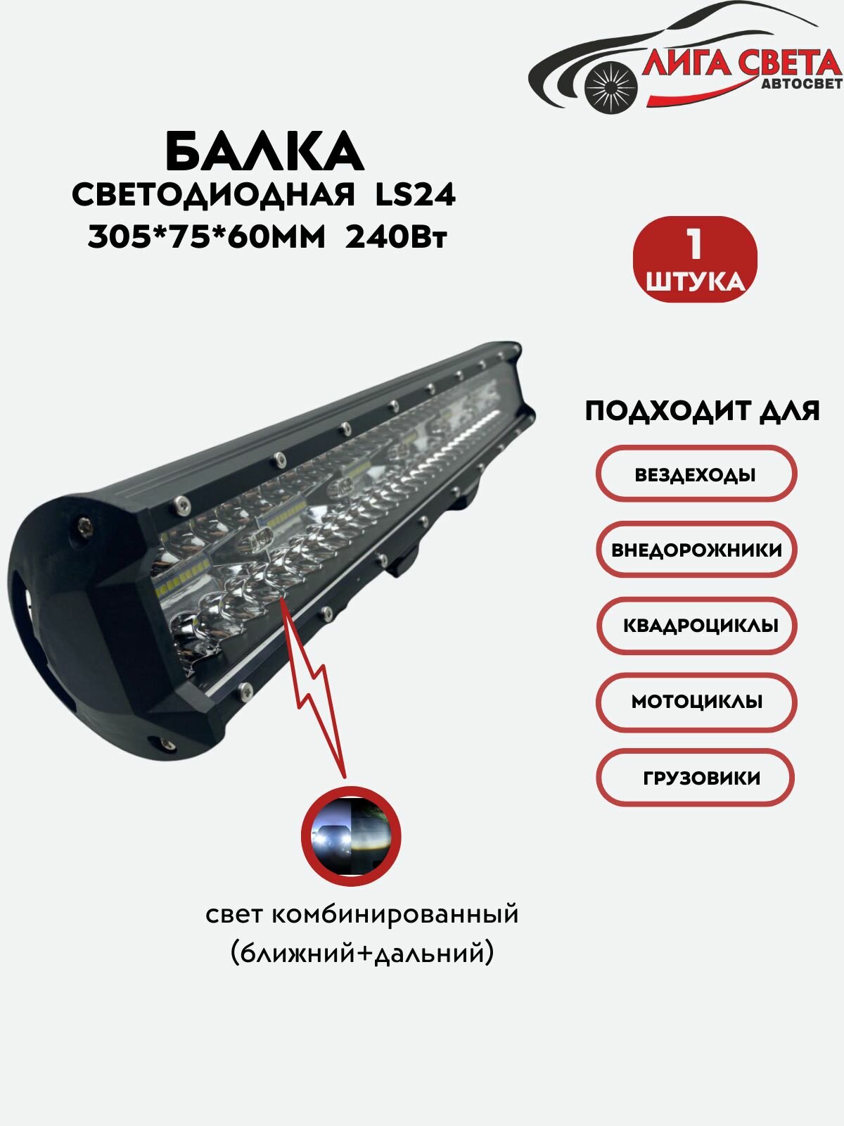 Балка светодиодная (Противотуманная фара) LS24 1шт. / 240Вт / Комбинированный свет / 12-24В / 305*75*60ММ.