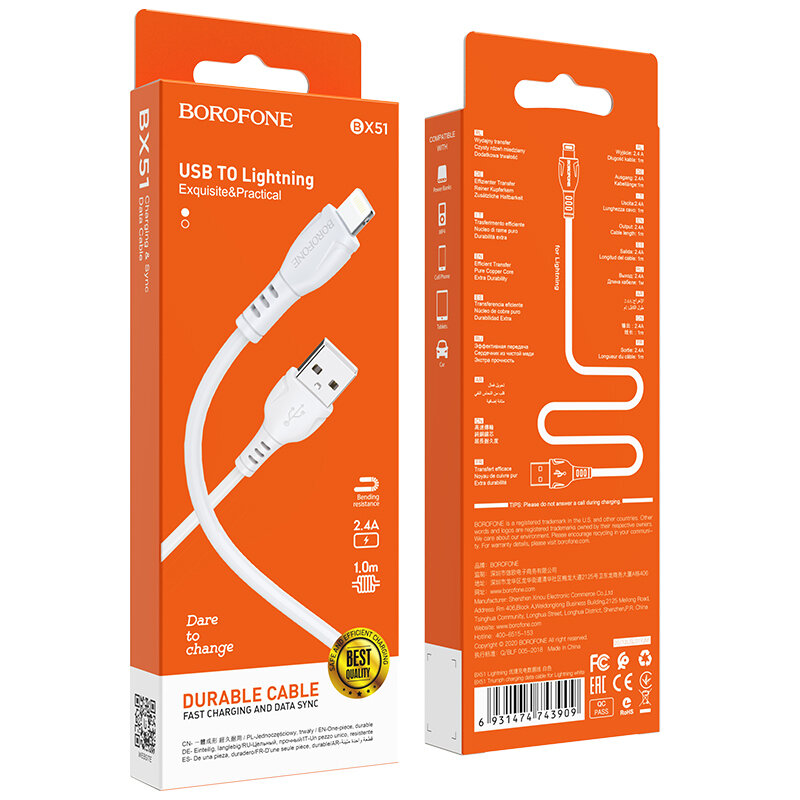 Кабель BOROFONE BX51 USB 8 pin Lightning подходит для Apple iPhone 5 5S 5C SE 6 6 Plus 6S 7 7 Plus 8 X (10) Xr Xs Xs Max 11 11 Pro SE 2020 12 Mini/13 Pro Max/SE 2022 14/iPad/iPod/AirPods 1 м Белый