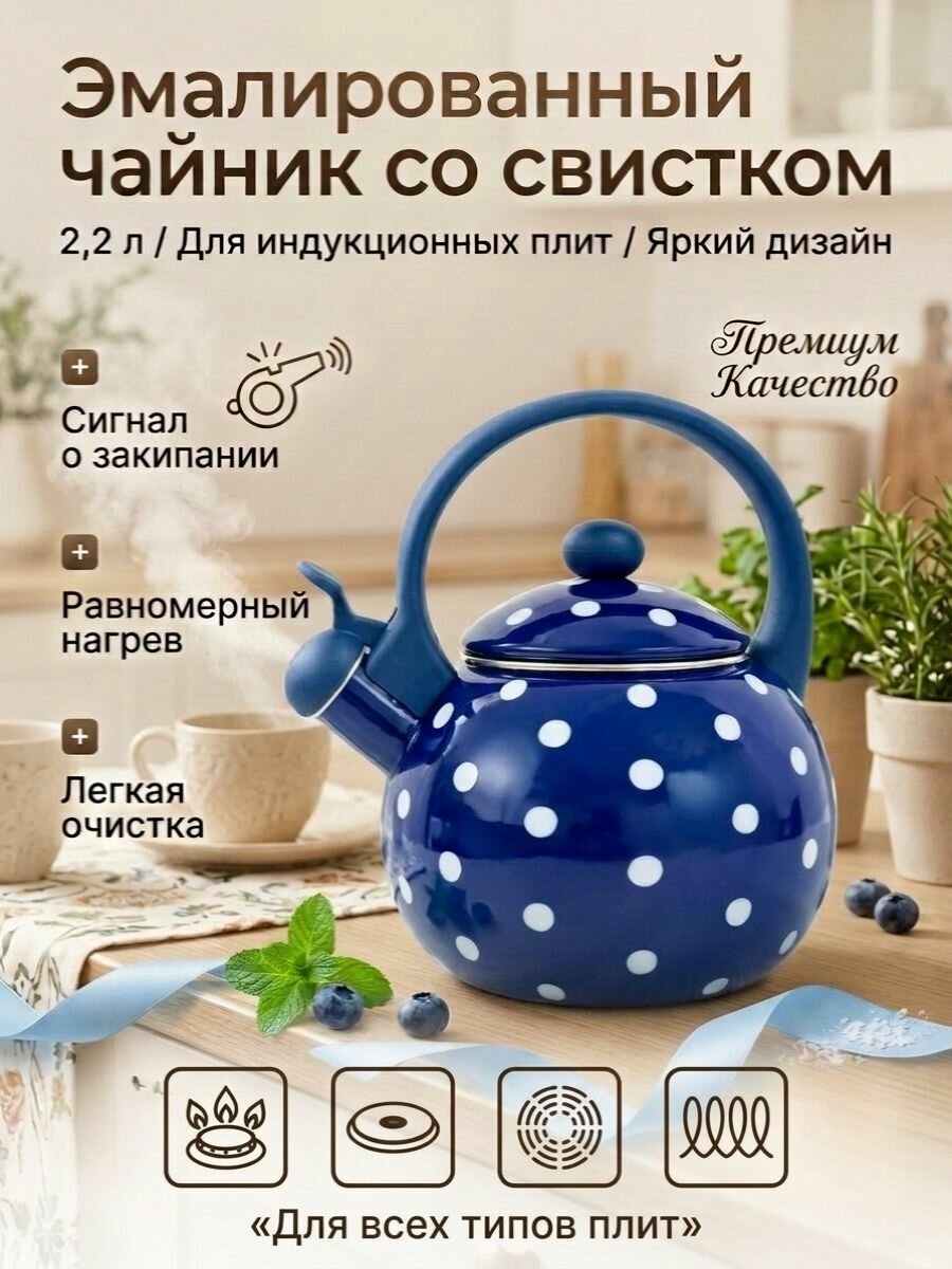 Чайник эмаль LineSegment 2.2л LH-5562 Синий Горох