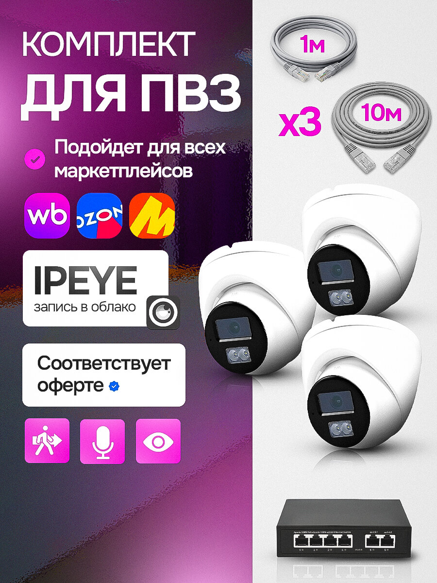 Готовый комплект видеонаблюдения для ПВЗ, облако IPEYE, IP камеры с PoE - 3шт. с микрофоном, PoE коммутатор, кабели RJ45