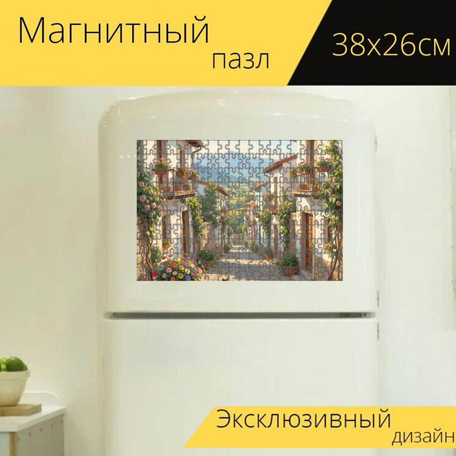 Магнитный пазл "Уютная улочка с цветами и котом. Живописный средиземноморский дворик с белыми домами, керамическими горшками, цветущими балконами и видом на." для интерьера, 38х26 см.
