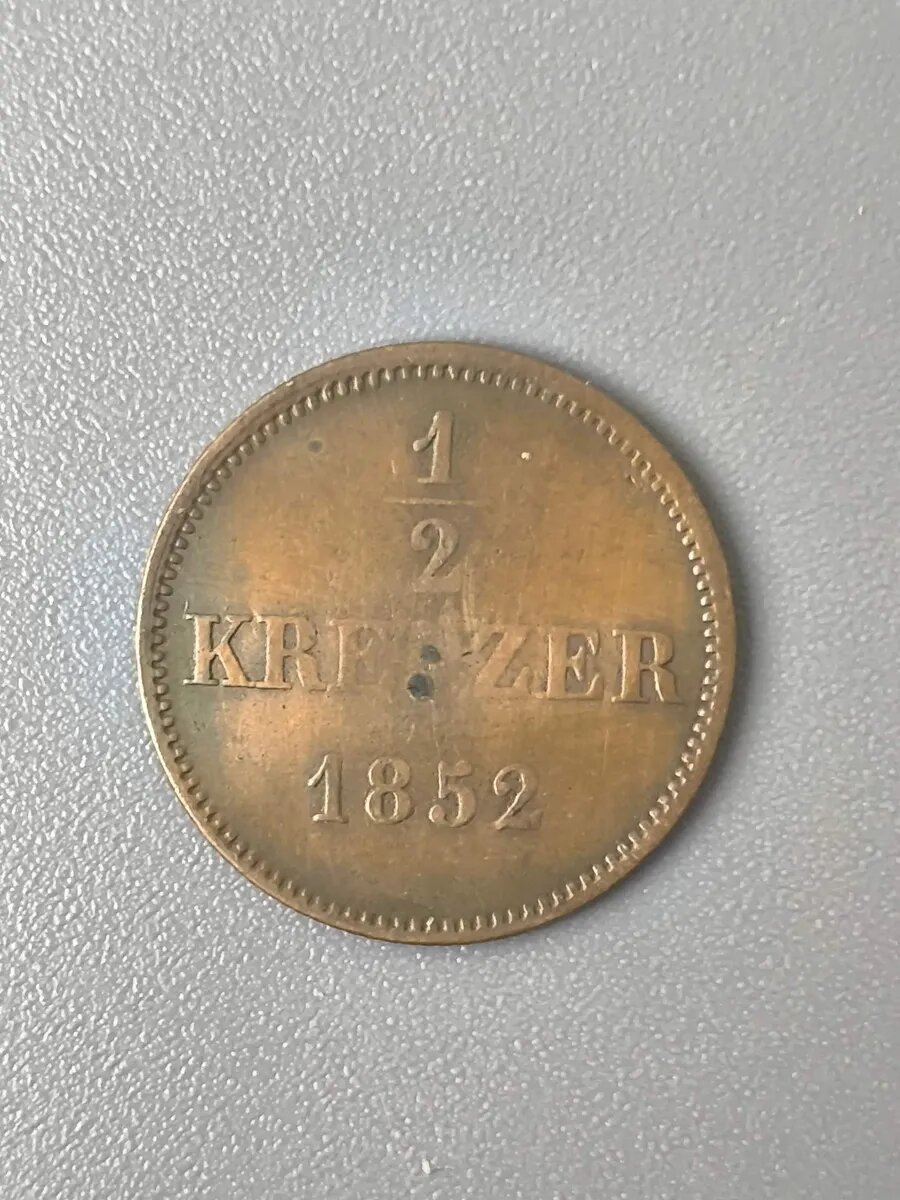 Монета 1/2 крейцера 1852 г. Германия, Бавария