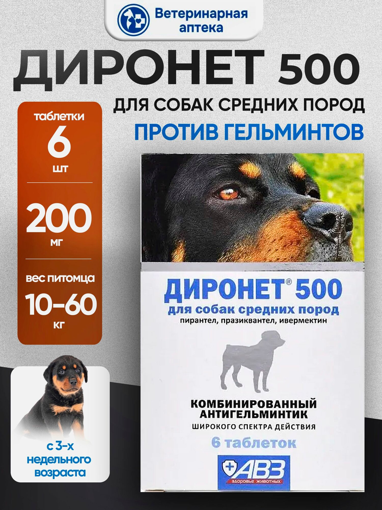 Диронет 500 таблетки для собак средних пород, 6 шт. (вет)