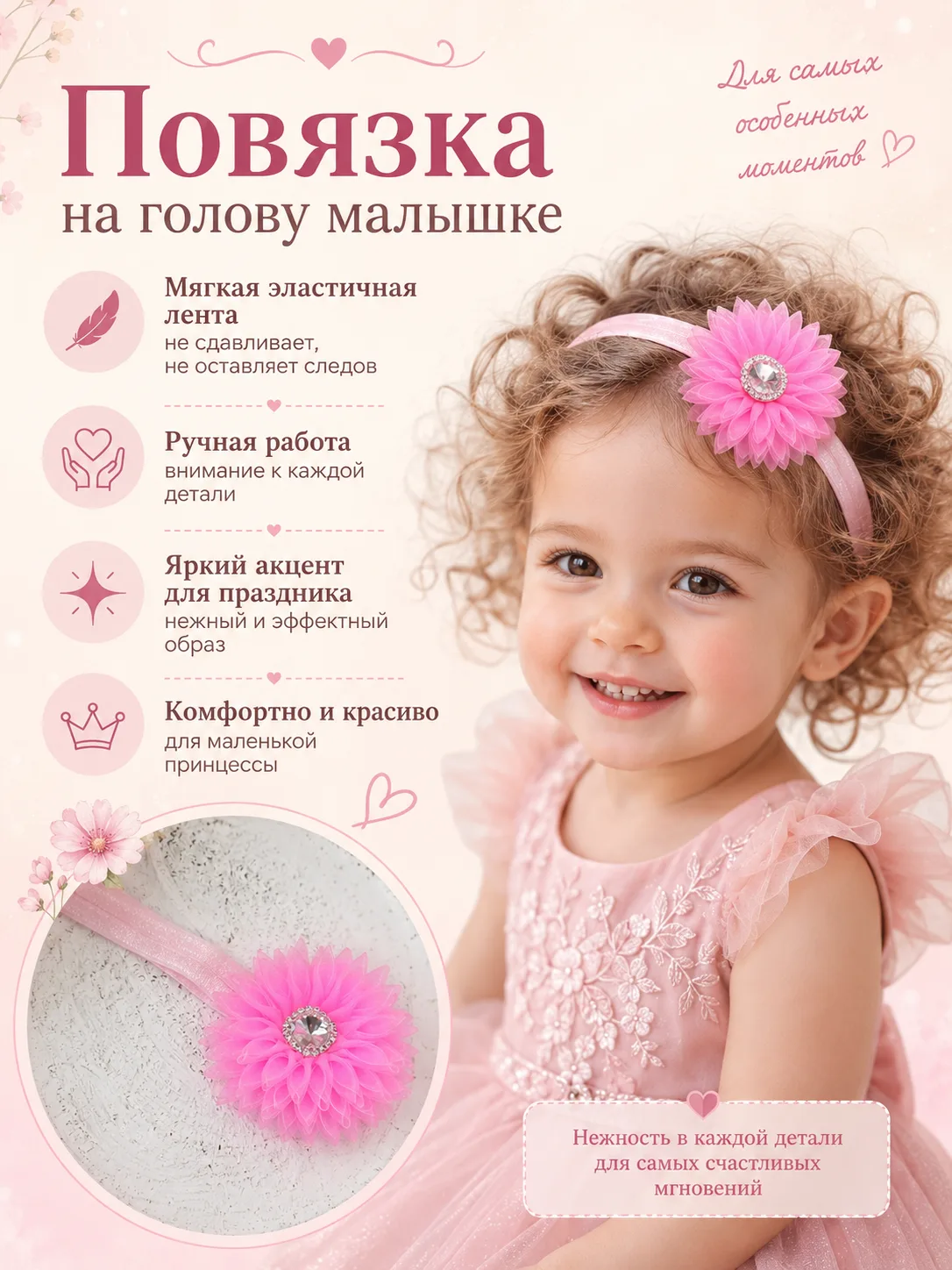 Повязка на голову Арт&Дизайн, для новорожденных, нейлон, органза, розовая