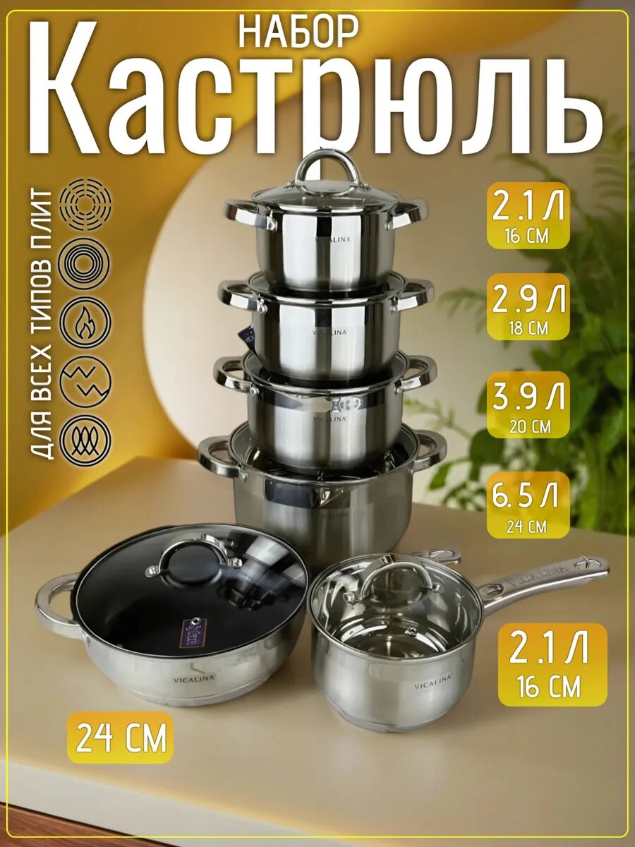 Набор кастрюль Vicalina, сталь, антипригарное покрытие, 12 шт