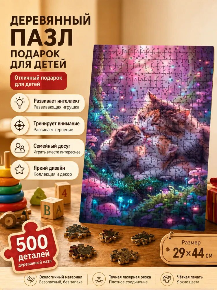 Коллаж с кошкой и котёнком в волшебном лесу