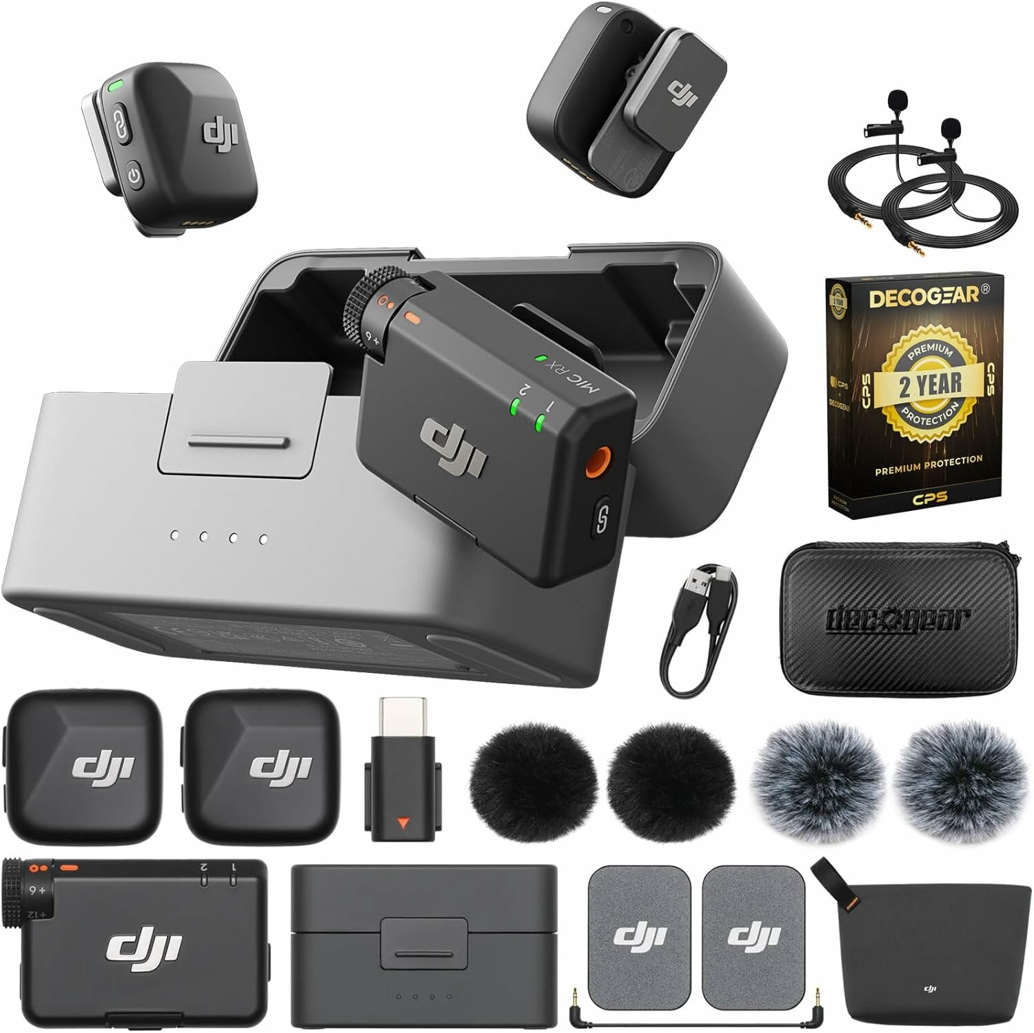Беспроводной петличный микрофон DJI Mic Mini (2 передатчика + 1 приемник + зарядный кейс), сверхлегкий, с 48-часовым временем работы от батареи, комплект с 2-летним пакетом расширенной защиты CPS, 2 петличных микрофона Deco Gear и 7-дюймовым кейсом из EVA.